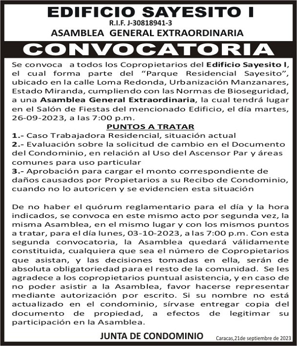 CONVOCATORIA EDIFICIO SAYESITO I